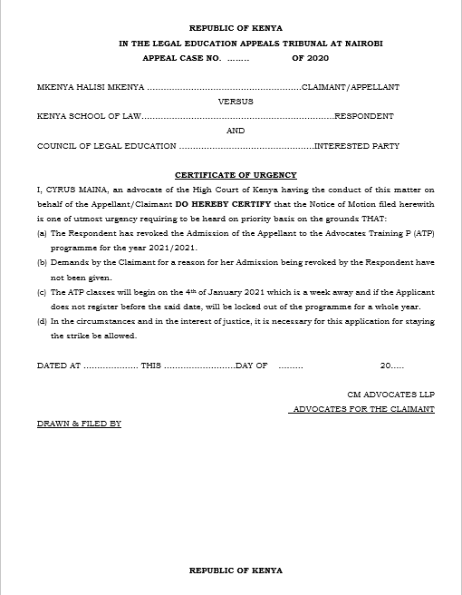 Notice of Motion Application Under a Certificate of Urgency – Ace Litigator